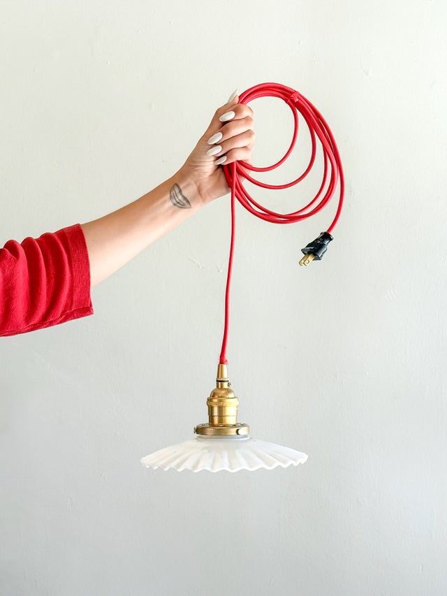 Red Cord Milk Glass Scallop Hanging Lamp
